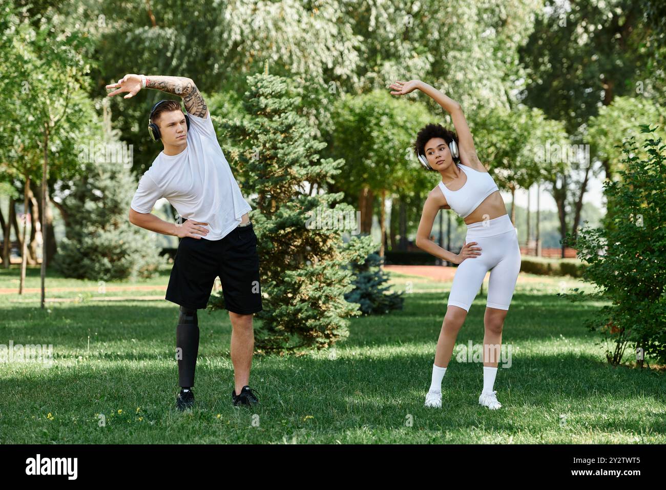 Two friends engage in outdoor stretching exercises, celebrating fitness ...