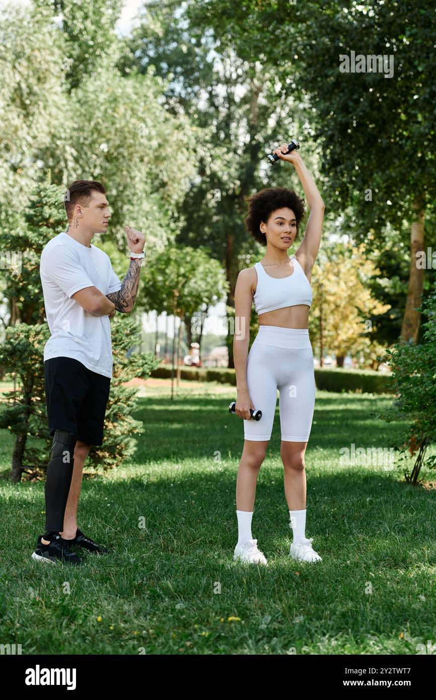 Two friends enjoying a spirited workout session in a vibrant park under ...
