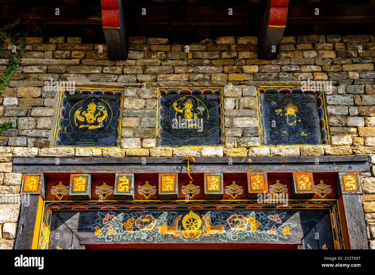 A detailed view of traditional Bhutanese art and architecture on a ...