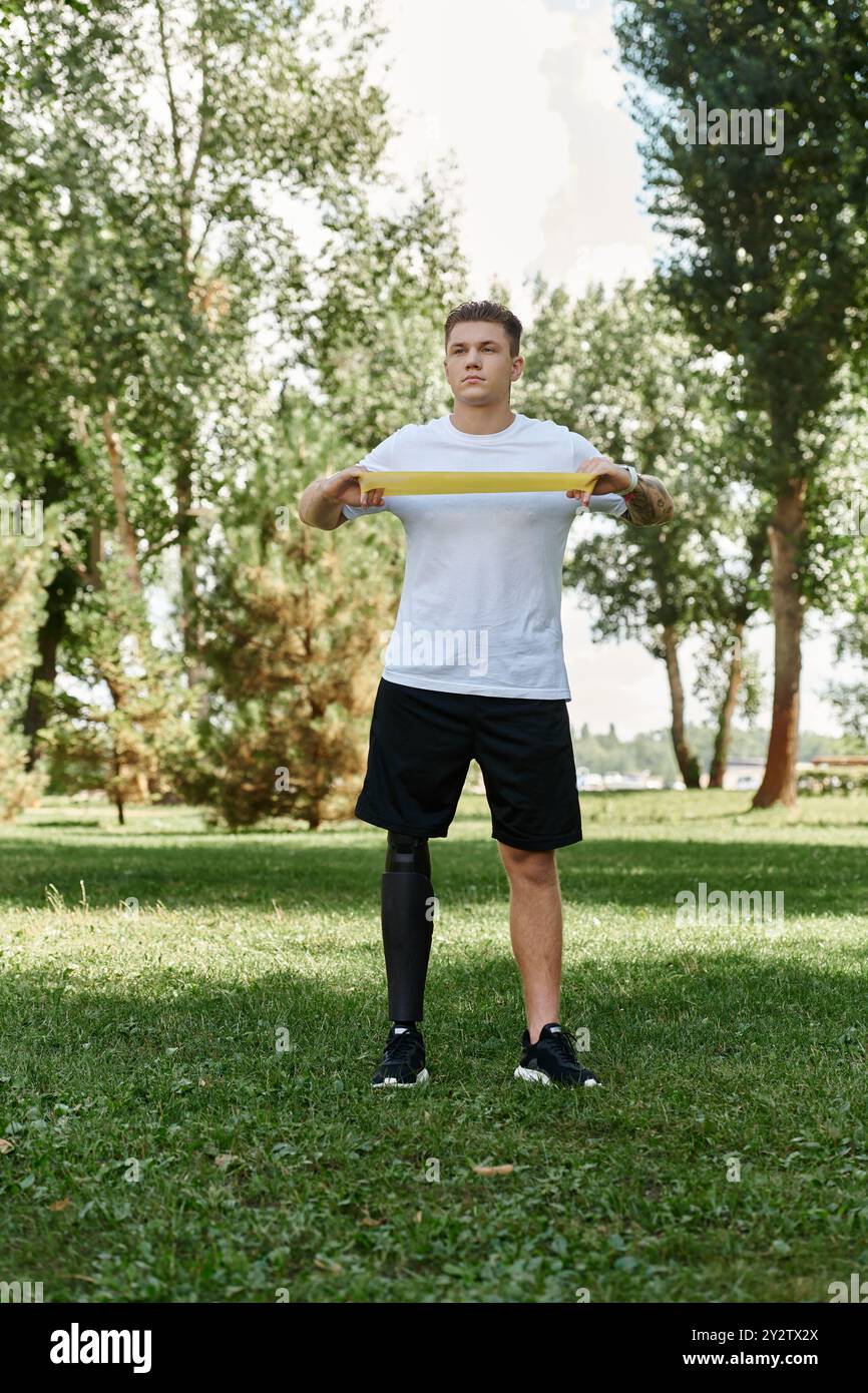 man with disability workout in a park, celebrating strength and ...
