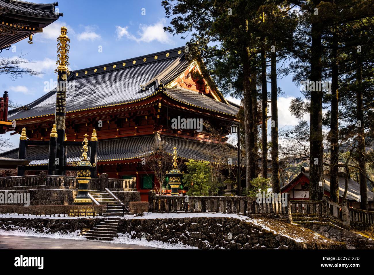 An ancient ornate shinto buddhist temple, shrine, and steps hidden in ...