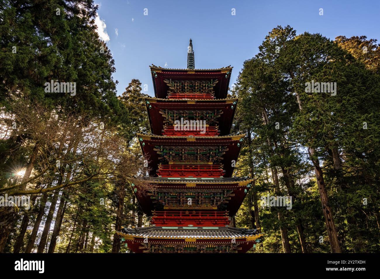 A five-story pagoda surrounded by tall trees with a clear blue sky at ...