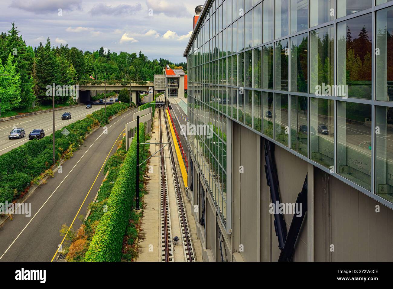 SOUND TRANSIT RAIL STATION ON MERCER ISLAND SHOWING THE TRACKS AND ...