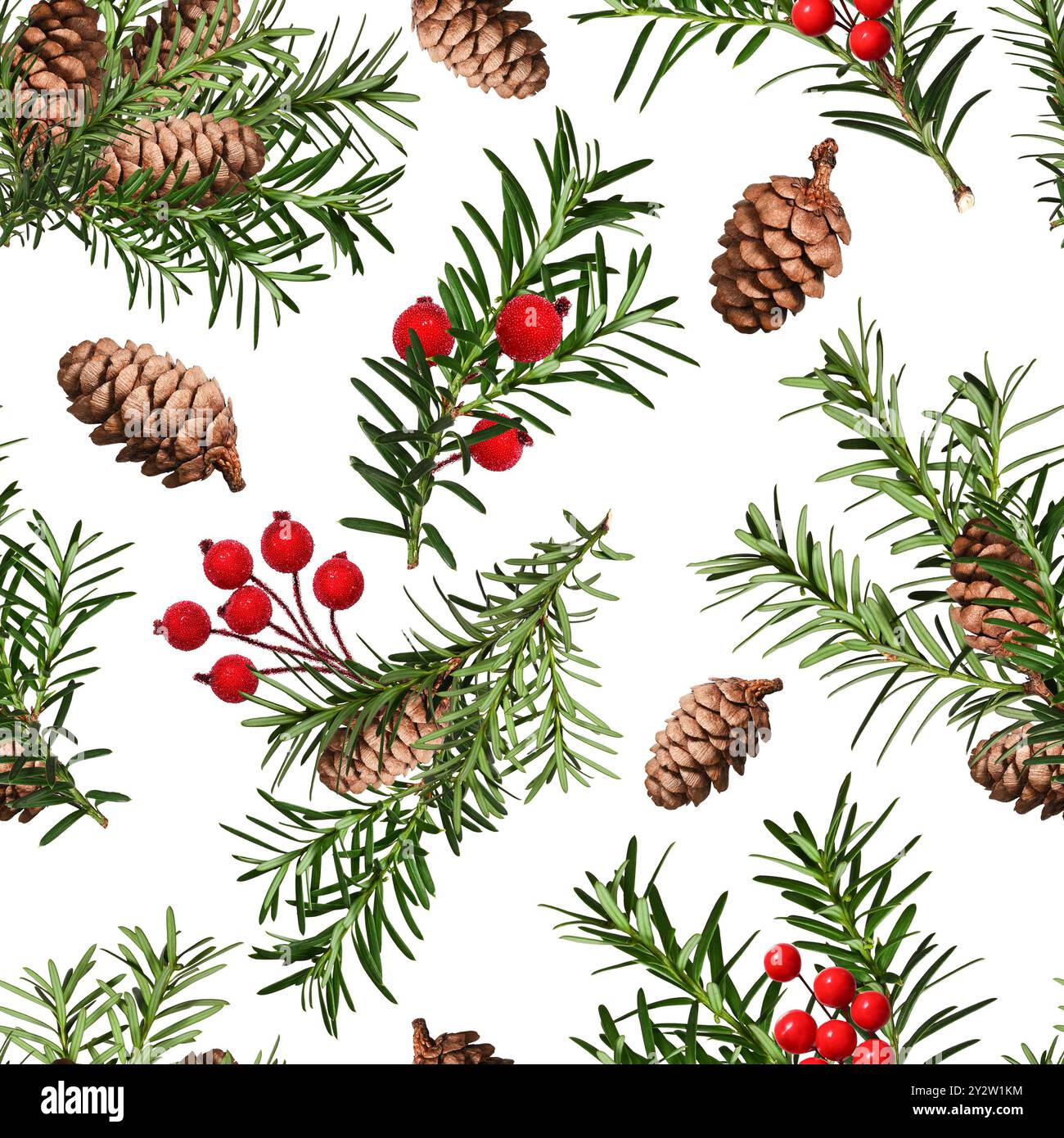 Christmas Seamless Pattern. Coniferous branches, cones and red artificial berries. Pattern for ...
