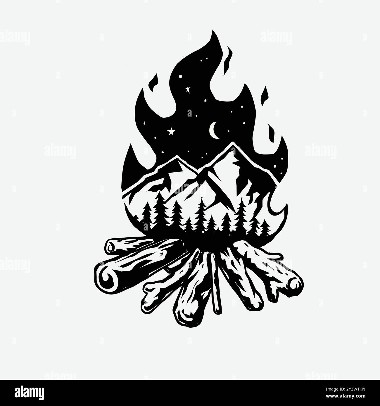 outdoor travel, adventures with mountains and campfire in black and ...