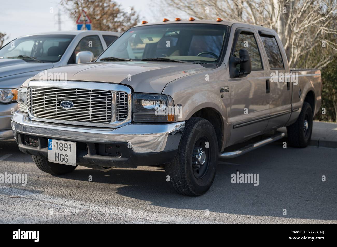 Front view of an old American double cab pickup truck, the first ...