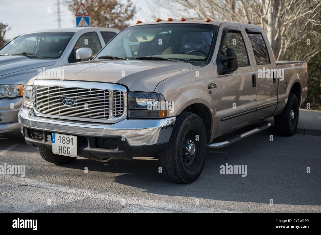 Front view of an old American double cab pickup truck, the first ...