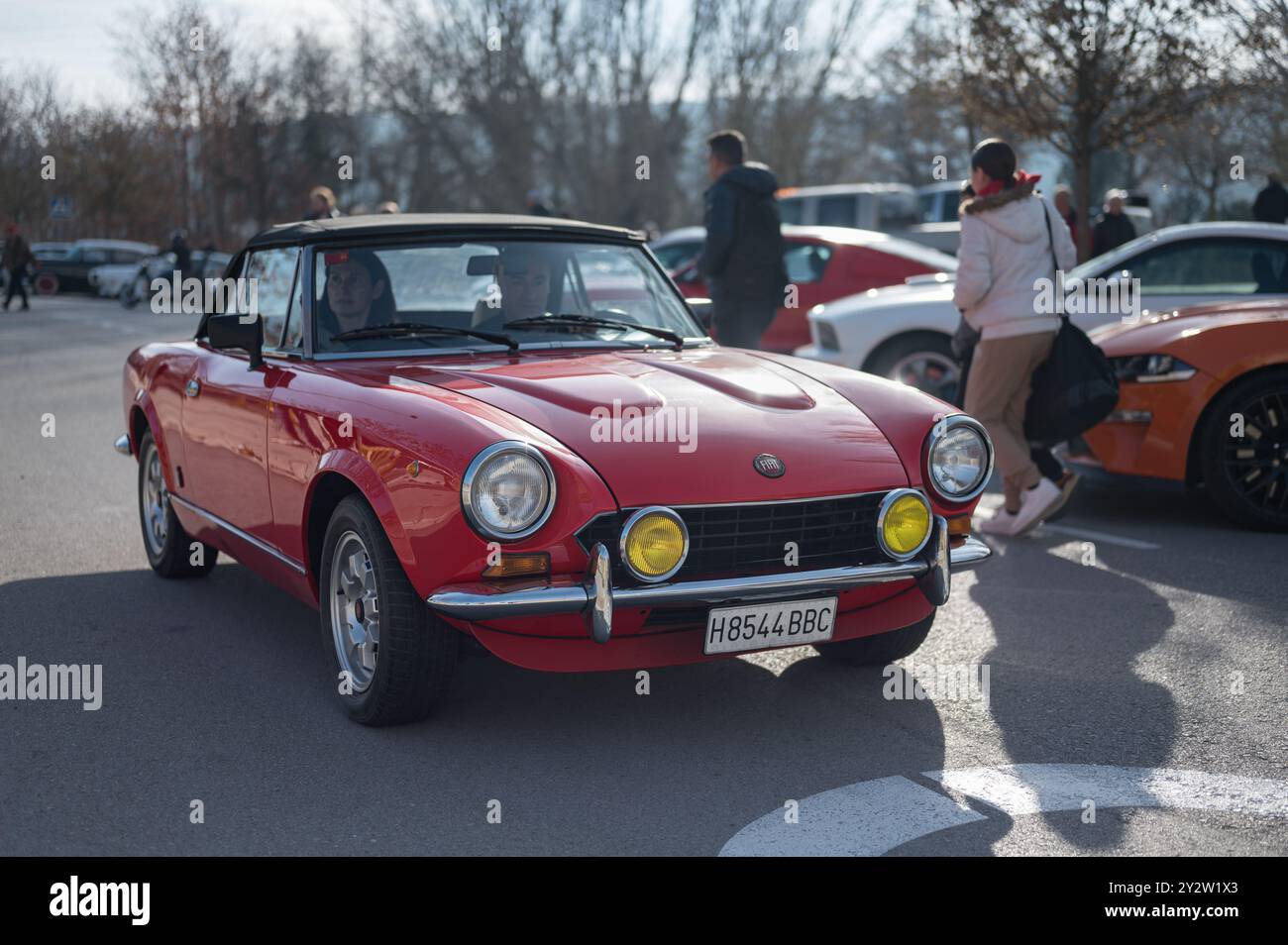 Front view of a classic Italian and Spanish sports car, the red Fiat ...