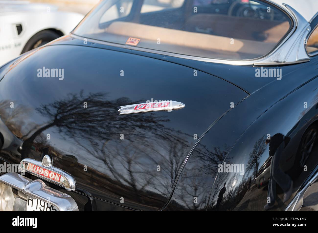 Detail of the logo of a classic American car, the 1952 Hudson Wasp ...