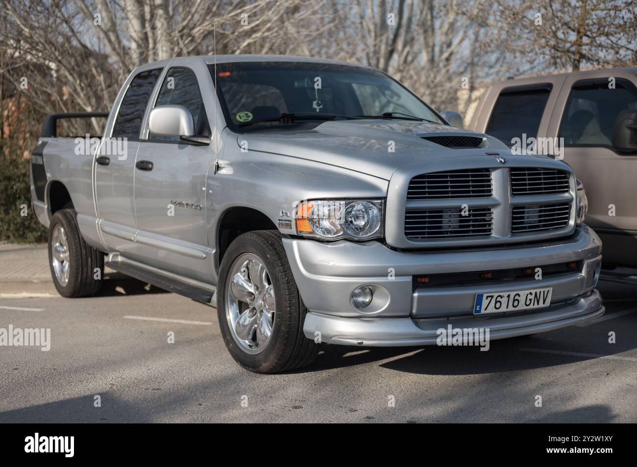 Front view of powerful silver American Ram 1500 5.7 Liter Hemi Magnum ...