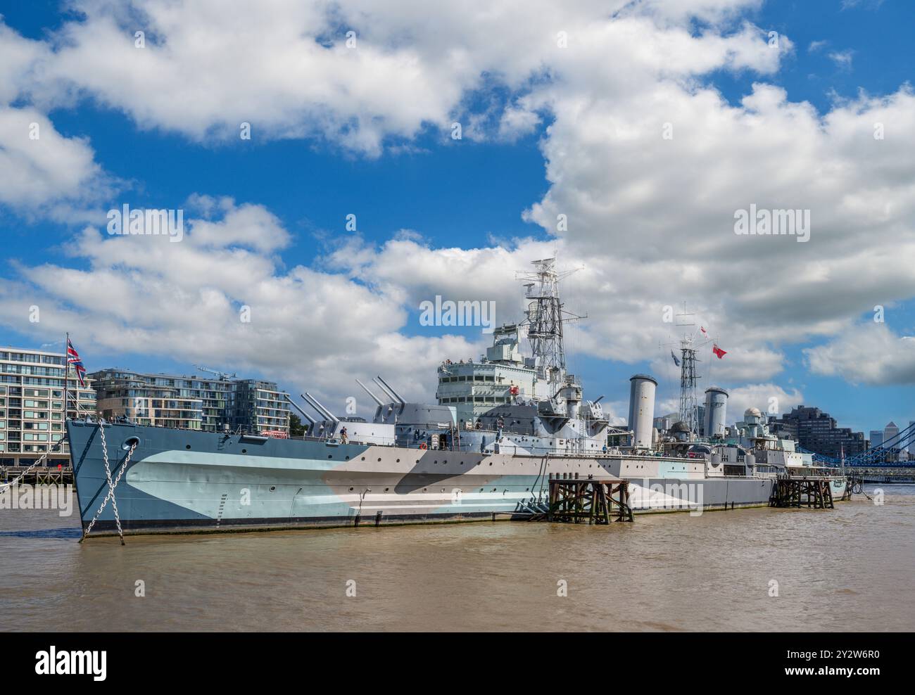 HMS Belfast, a museum ship moored on the River Thames near Tower Bridge ...