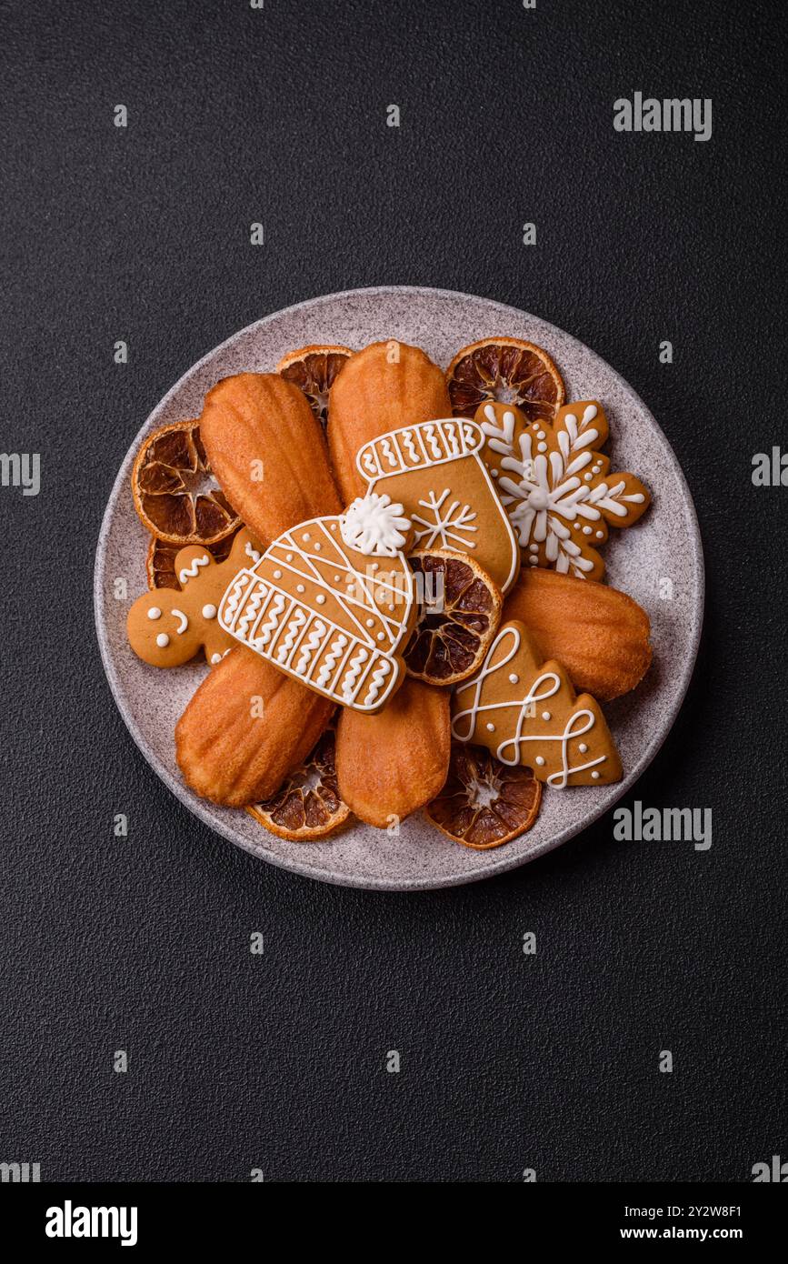 French classic madeleine sponge cake with elements of Christmas motifs ...
