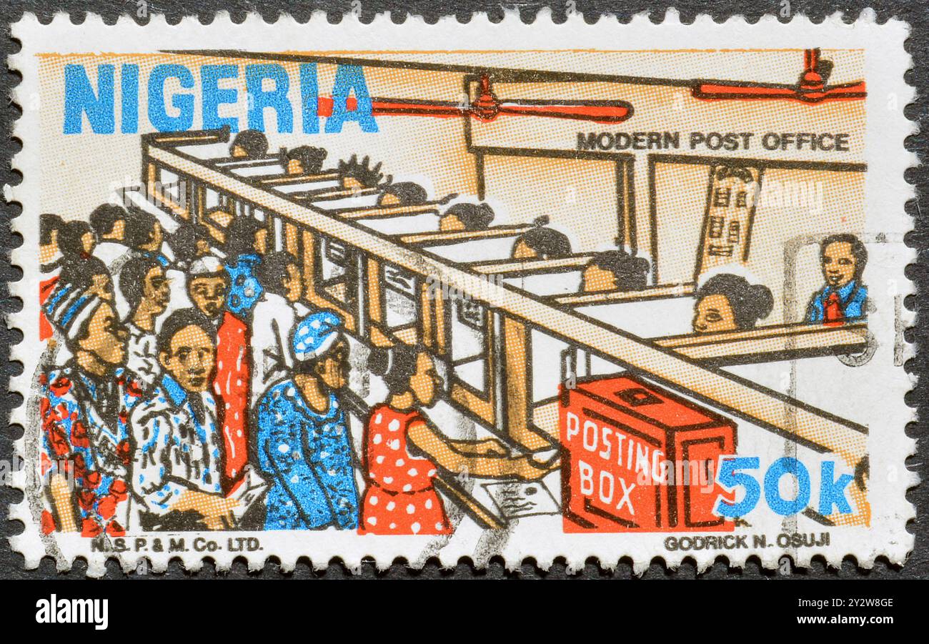 Cancelled postage stamp printed by Nigeria, that shows Modern Post ...