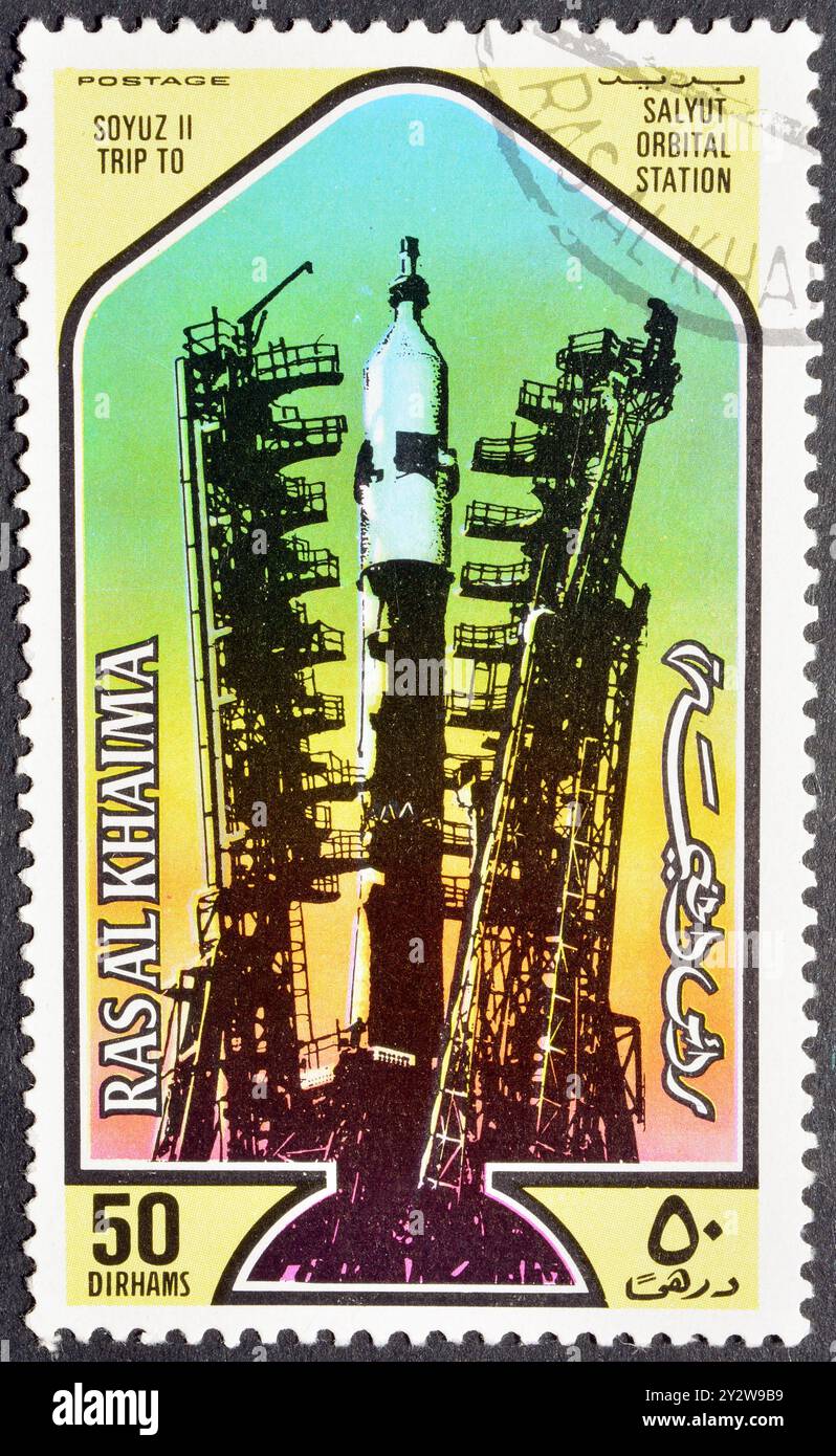 Cancelled postage stamp ,printed by Ras Al Khaimah, that shows Soyuz II ...