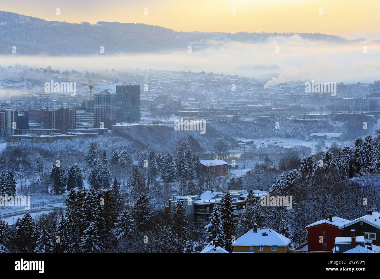 Winter in Trondheim, aerial view of Trondheim in the cold foggy winter ...