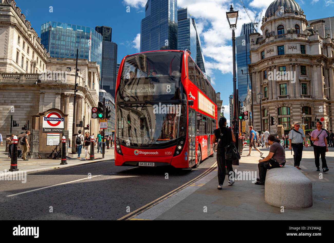 A no 8 red London Double decker bus passing through Bank Junction in ...