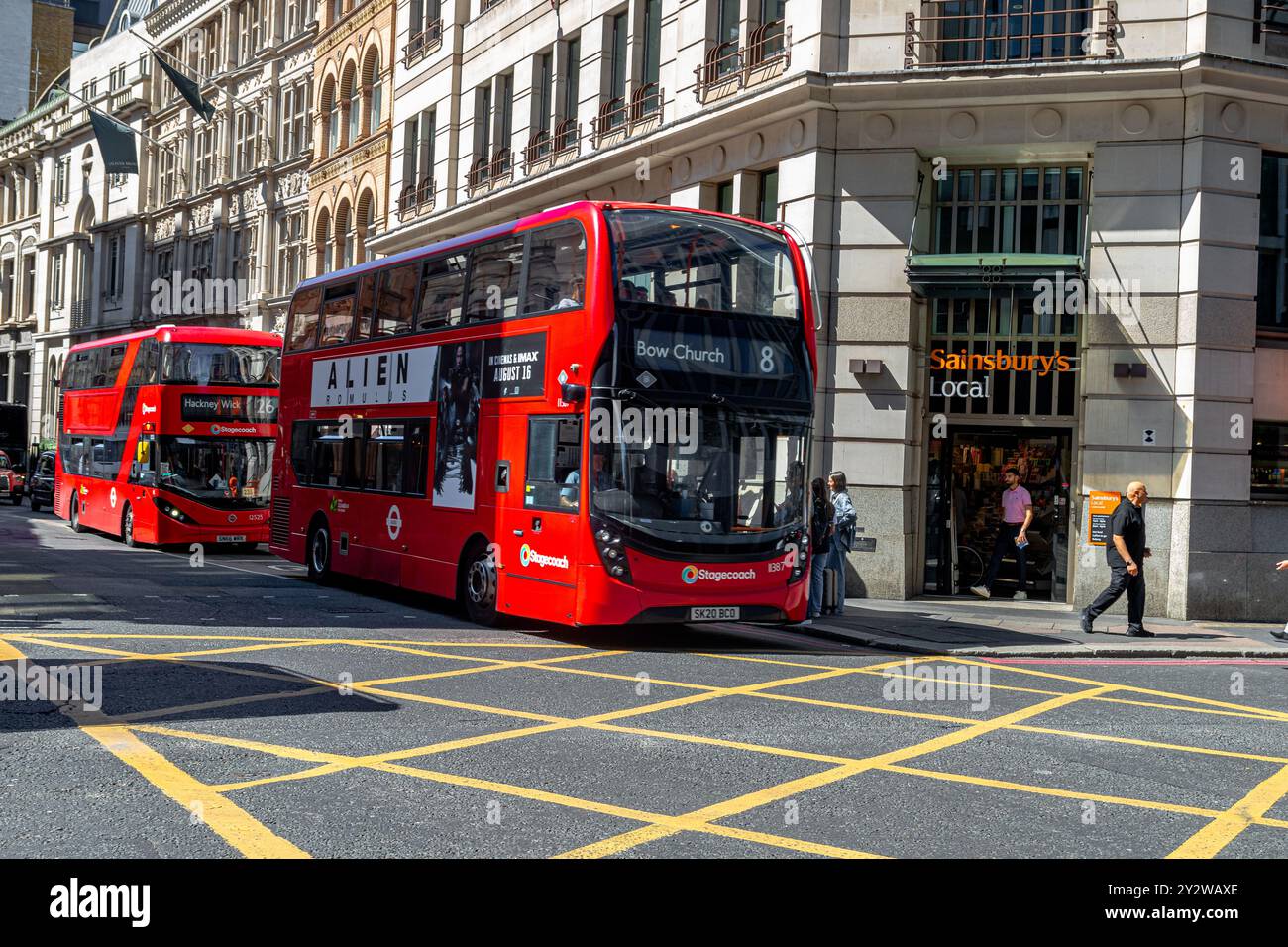 A No 8 London bus on Cornhill in The City Of London on route to Bow ...