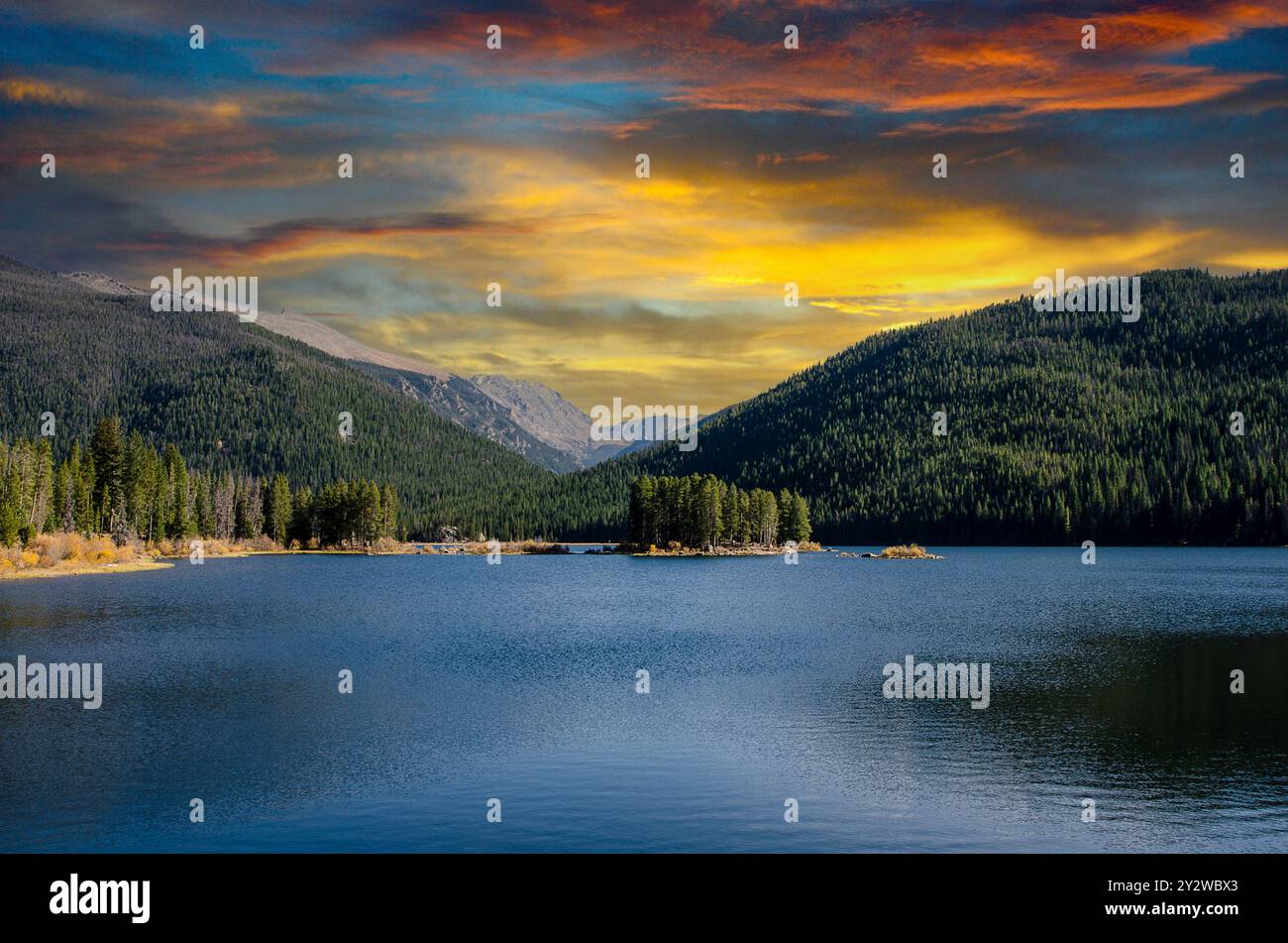Setting Sun Over Monarch Lake in the Colorado Rocky Mountains Stock ...