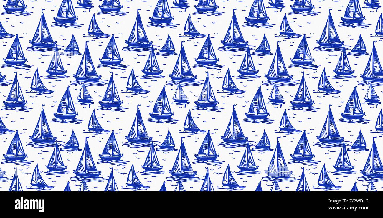 Modern sailing race boat block print banner for decorative coast ...