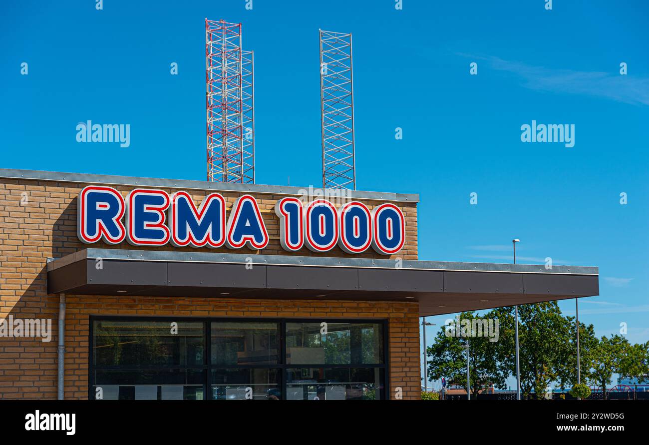 Frederikshavn, Denmark - July 09 2019: Logo of REMA 1000 on one of ...