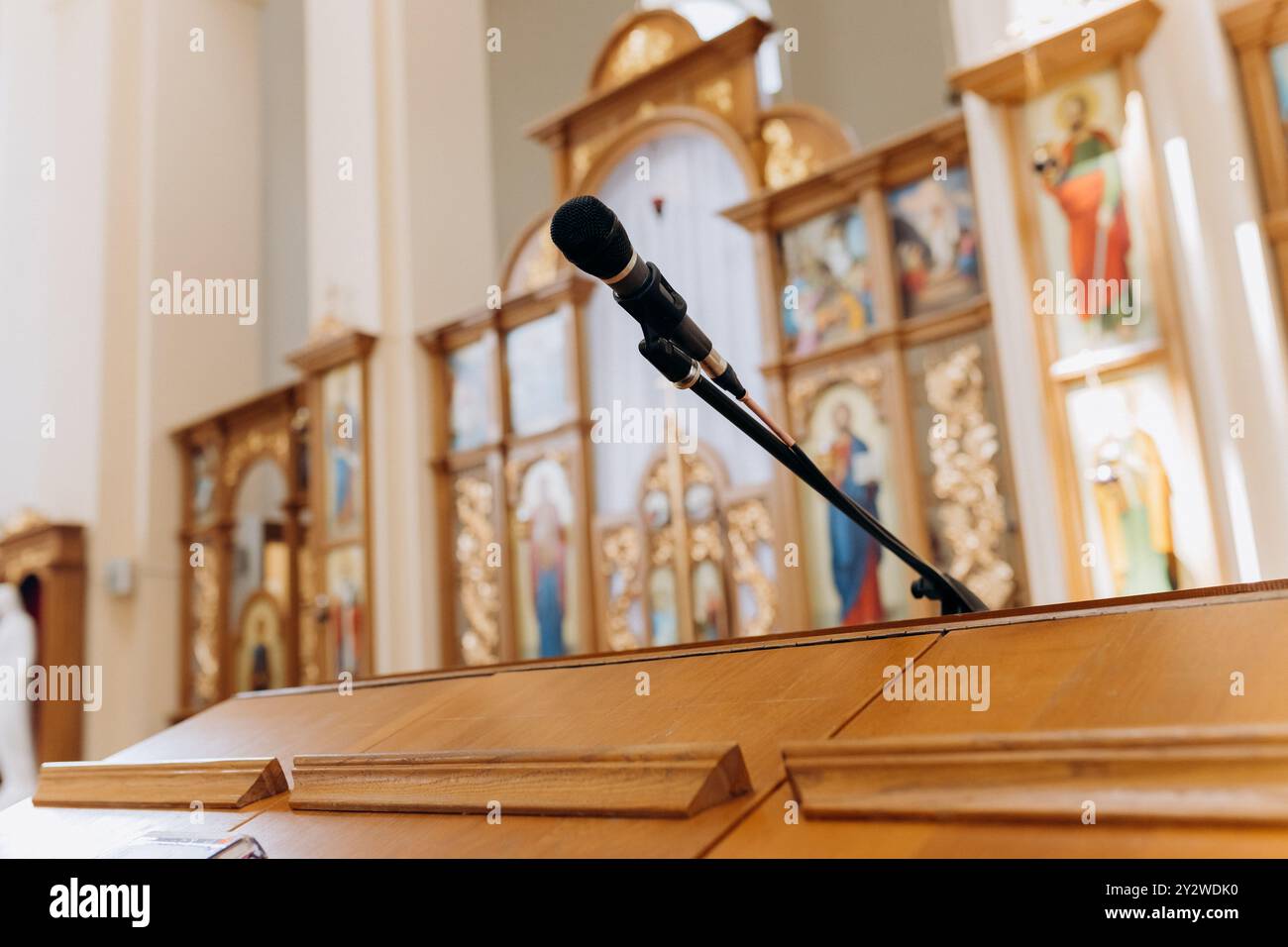 Microphone setup in a church, capturing the serene atmosphere of a ...