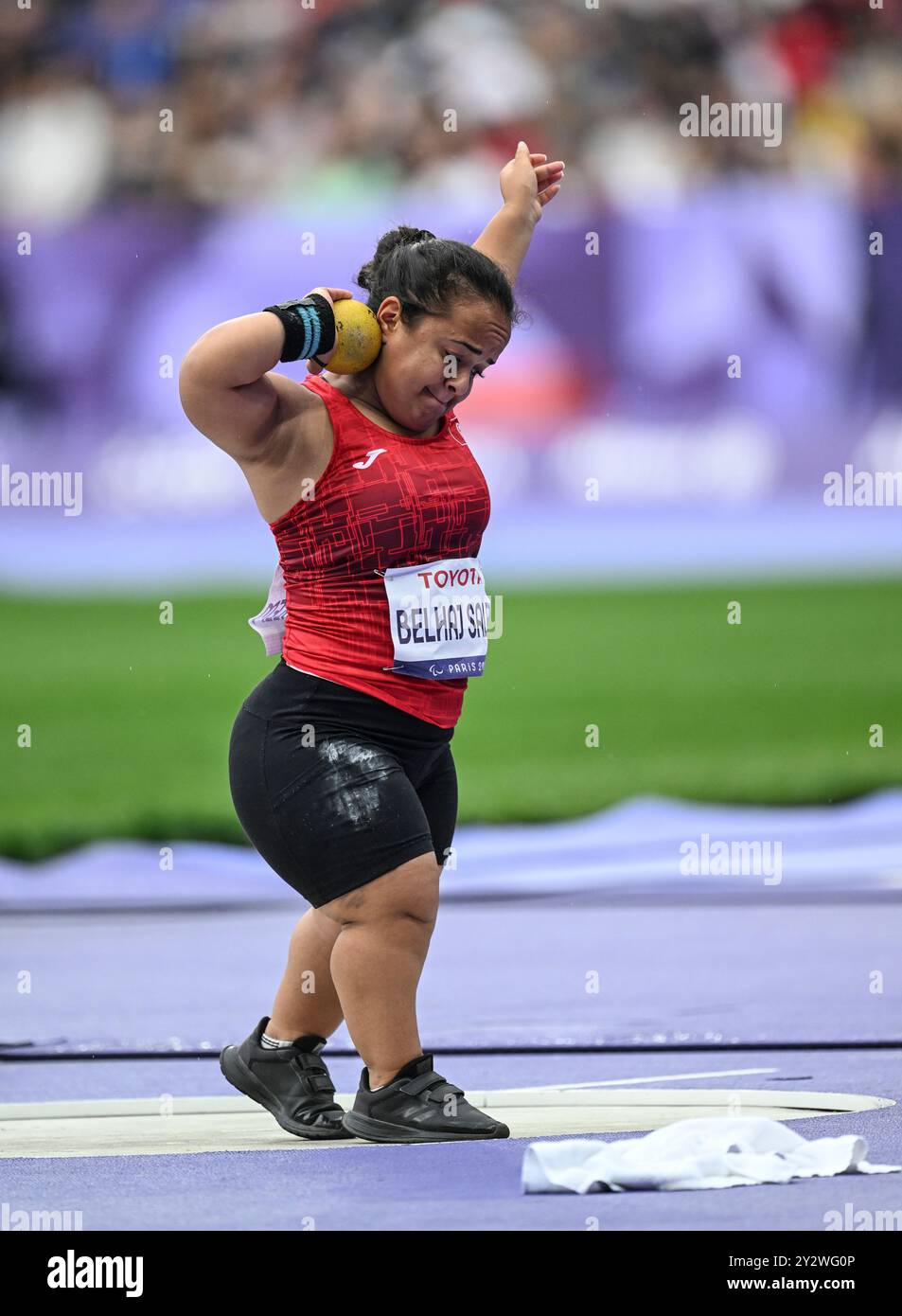 Nourhein Belhaj Salem of Tunisia competing in the women’s T47 shot put ...