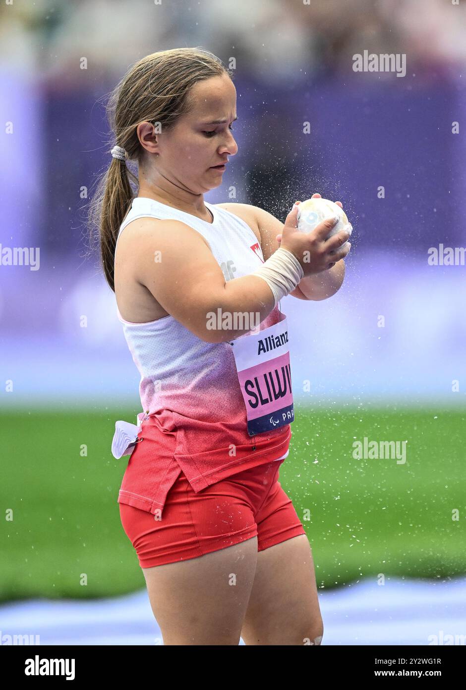 Renata Sliwinska of Poland competing in the women’s T47 shot put at the ...