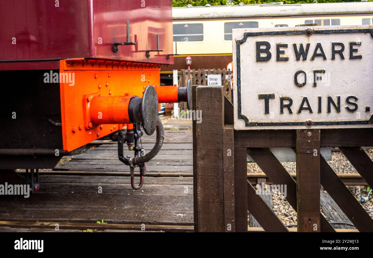 Beware of trains warning sign at the footpath crossing at the ...