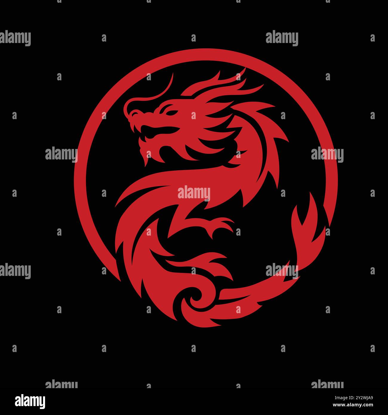 Chinese Dragon circle emblem red color isolated on black background ...