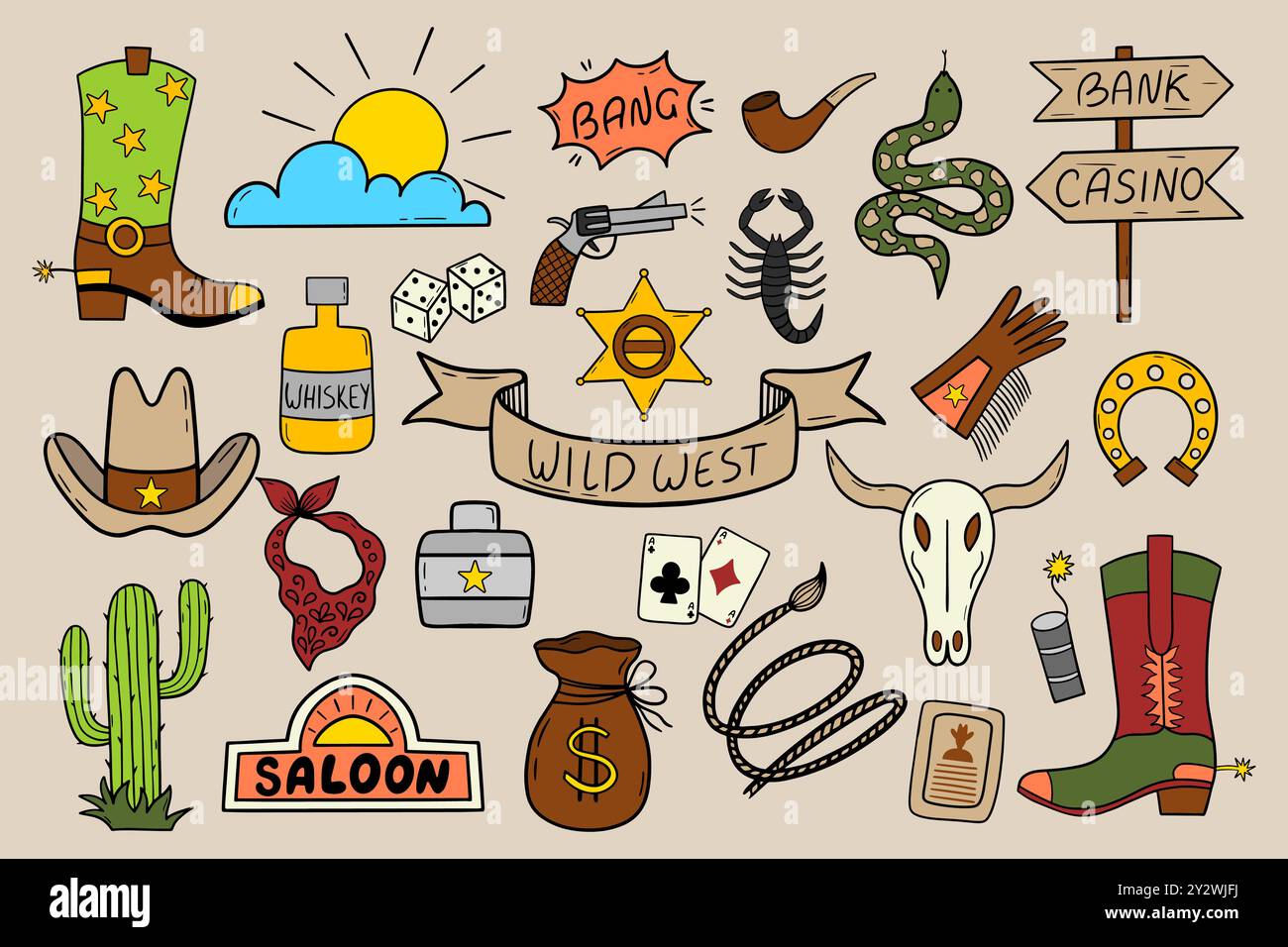 Wild West illustration set with cactus, cowboy hat, cow skull, game ...