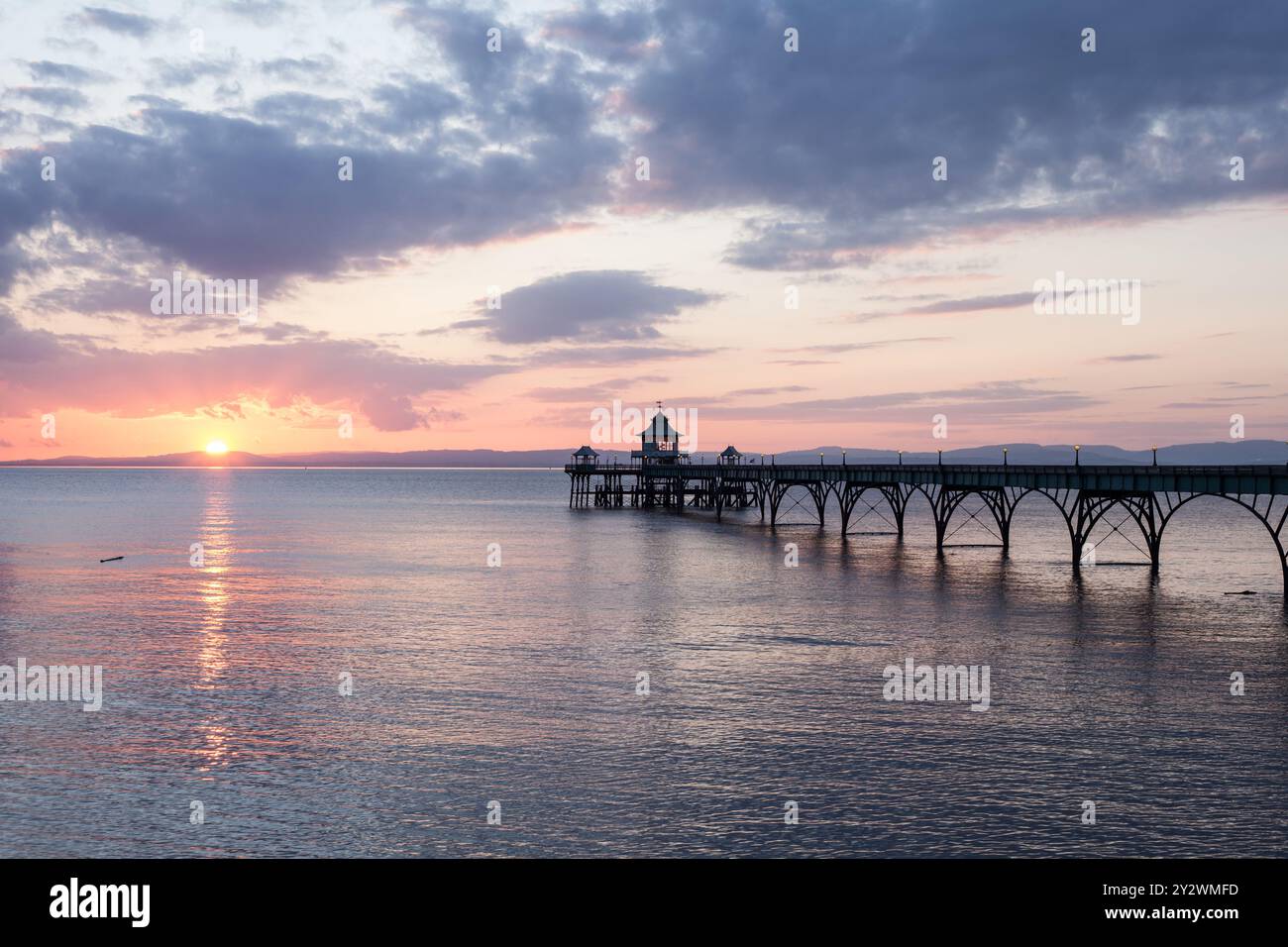 British seaside piers, sunset at Clevedon Victorian Pier, heritage pier ...