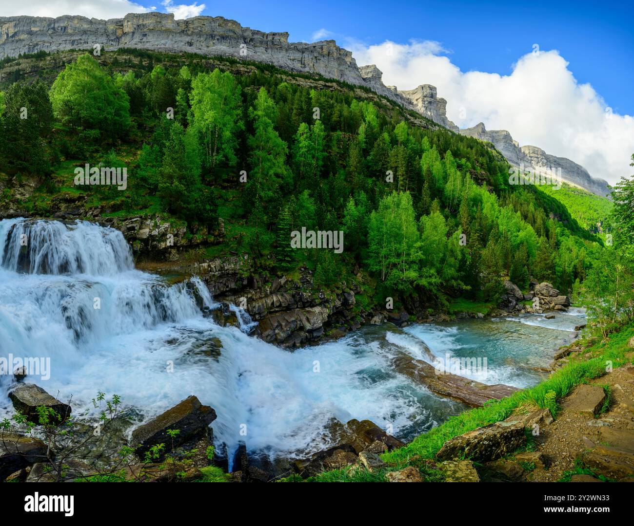 Gradas de Soaso waterfall in the river Rio Arazas in Ordesa Canyon ...