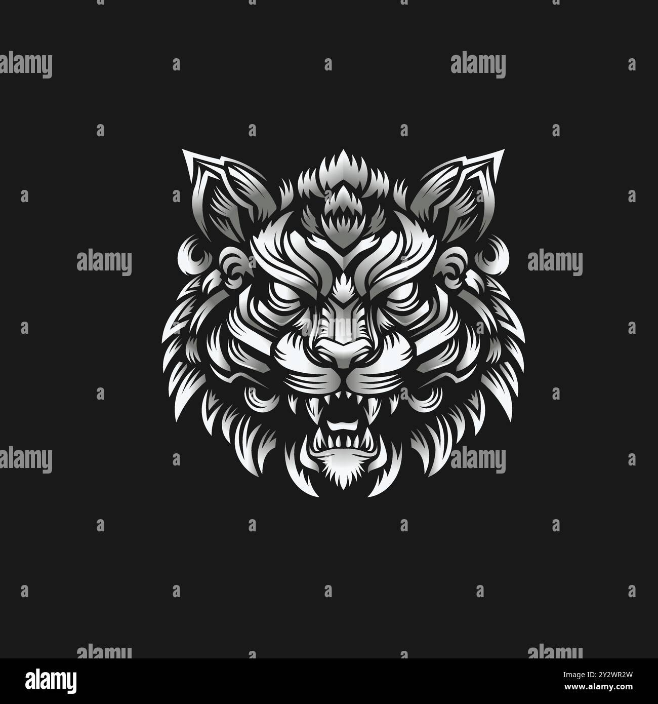 black and white tiger head roaring vector illustration , angry tiger Decorative vector art Stock ...