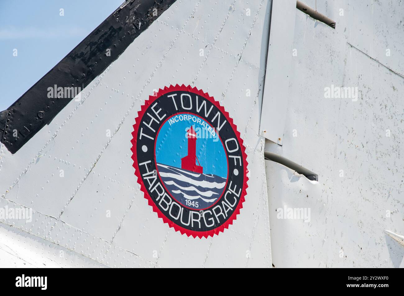 The town of Harbour Grace sign on the tail of the DC-3 aircraft in ...