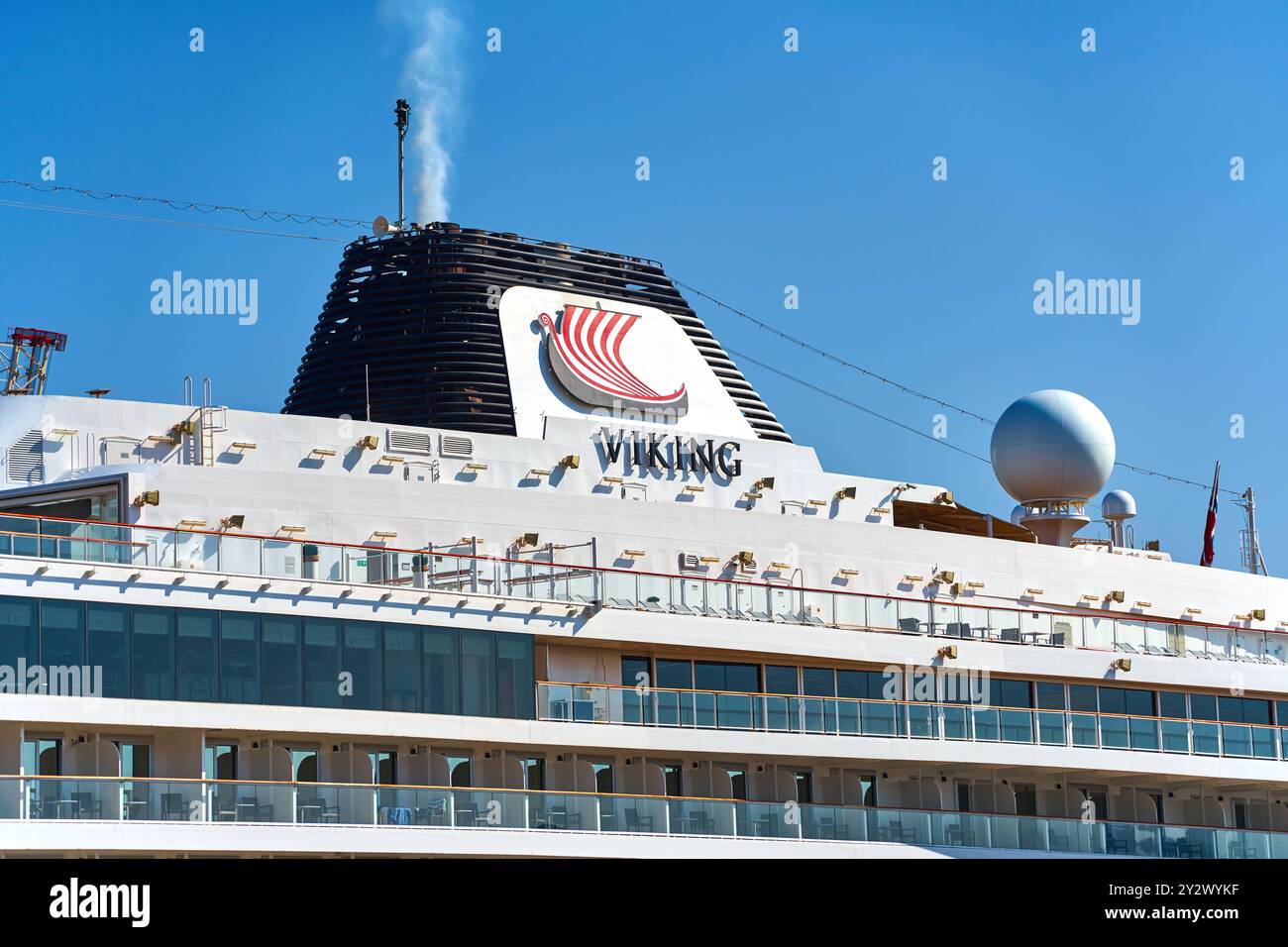 Koper, Slovenia - August 25, 2024: Smokestack of the Viking cruise ship ...