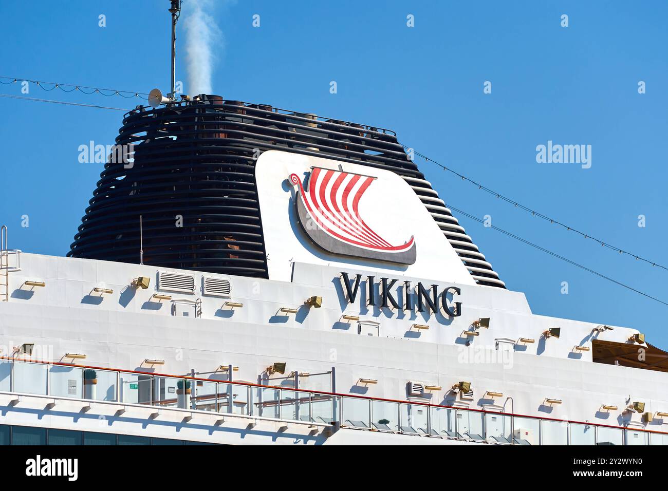 Koper, Slovenia - August 25, 2024: Smokestack of the Viking cruise ship ...