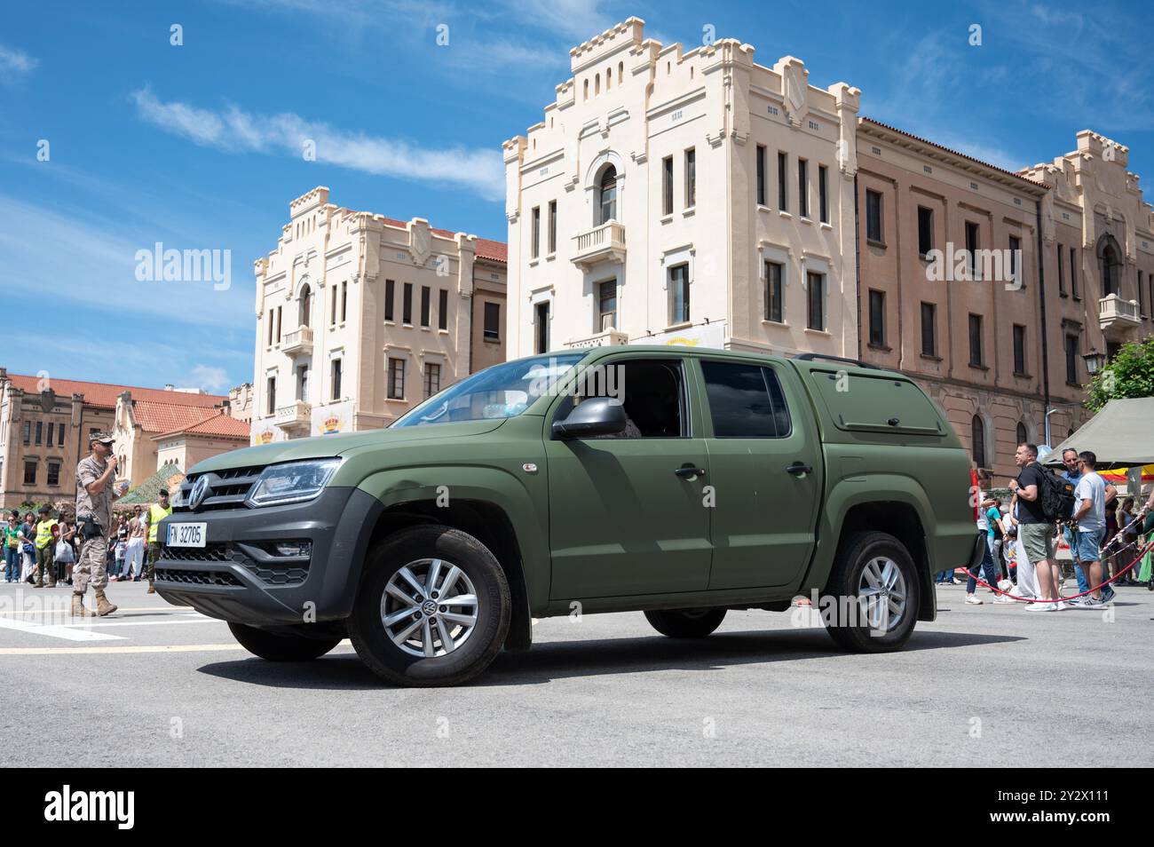 Detail of the equipped military SUV of the Spanish army, the green ...