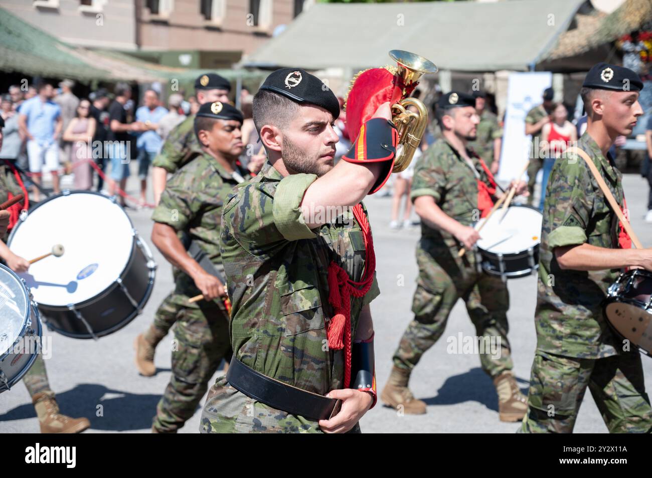 Close-up portrait of a soldier of the military band of the Spanish army ...