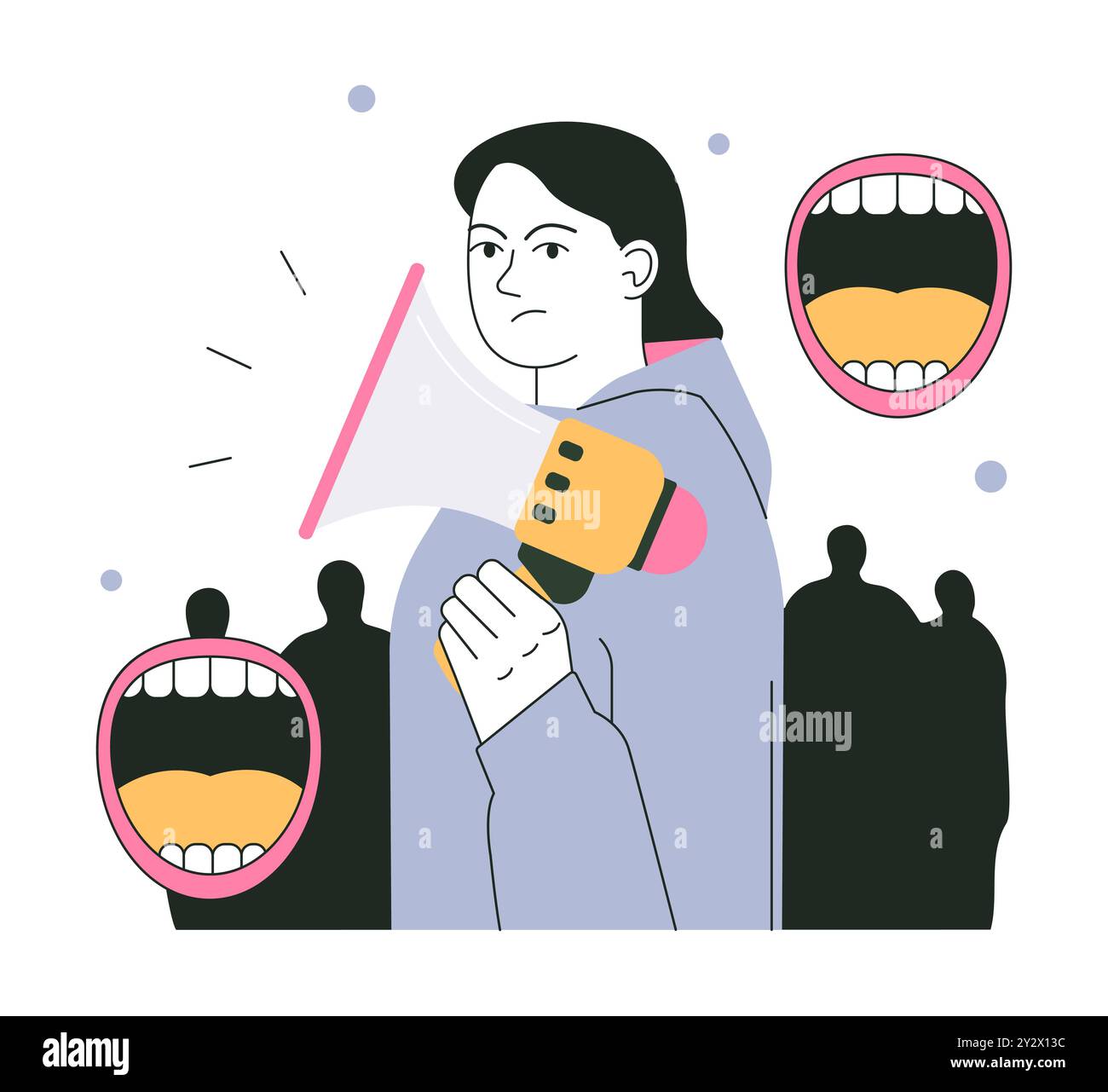 Protest. People on demonstration. Angry female character holding a ...