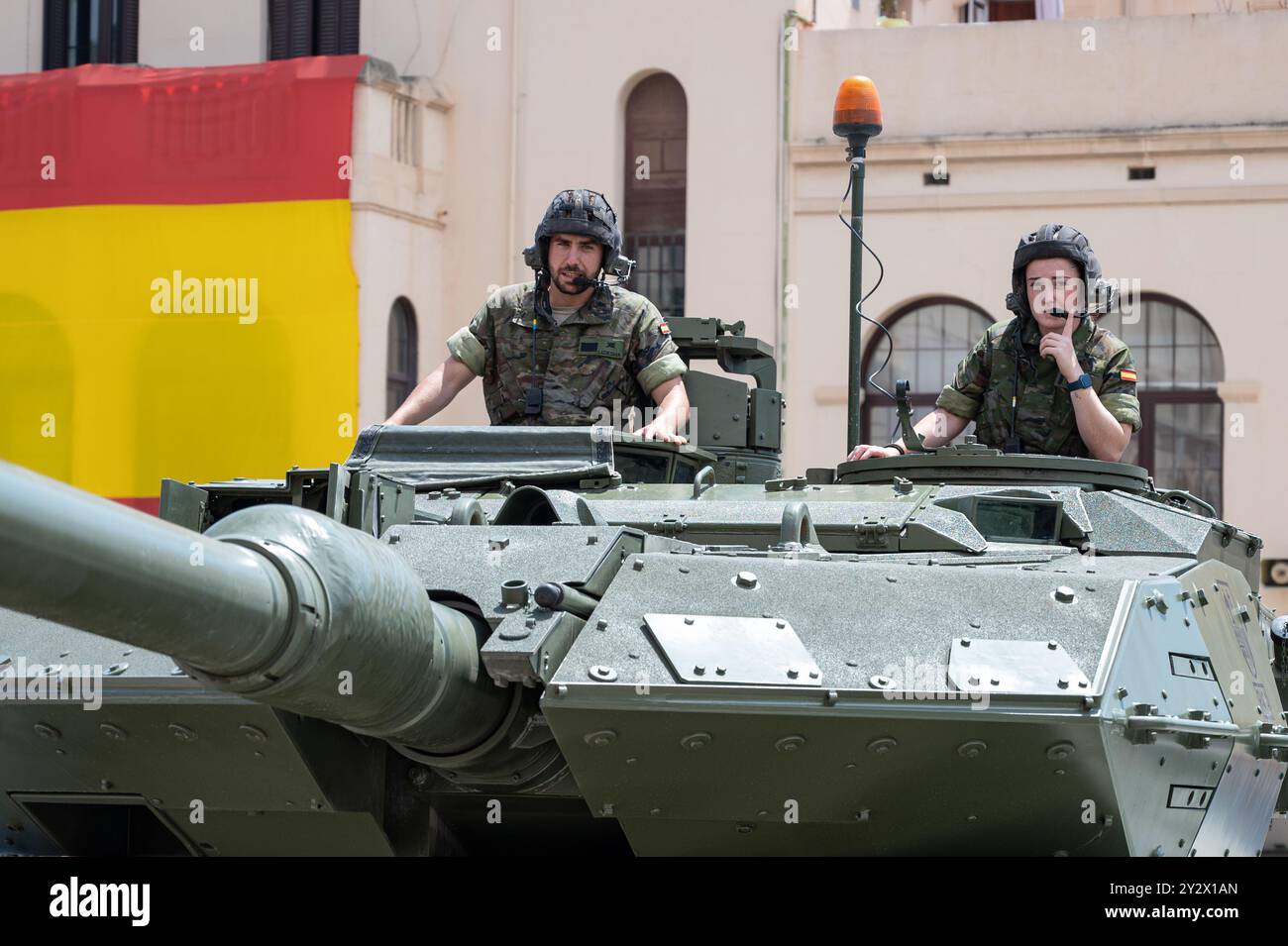 Detail of young operators of the Leopard 2E tank of the Spanish army ...