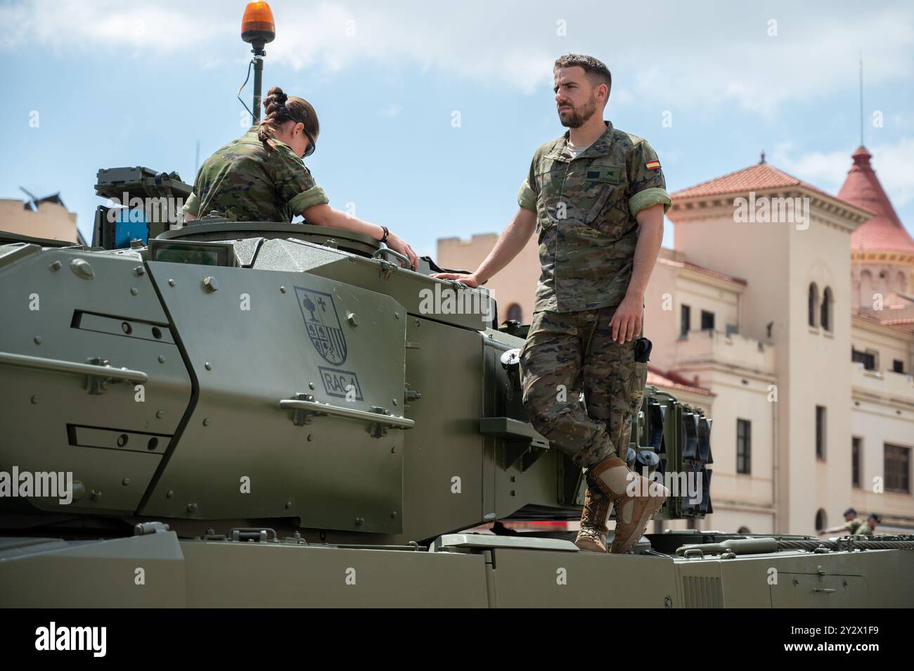 Detail of two soldiers of the Spanish army in the turret of a Leopard ...
