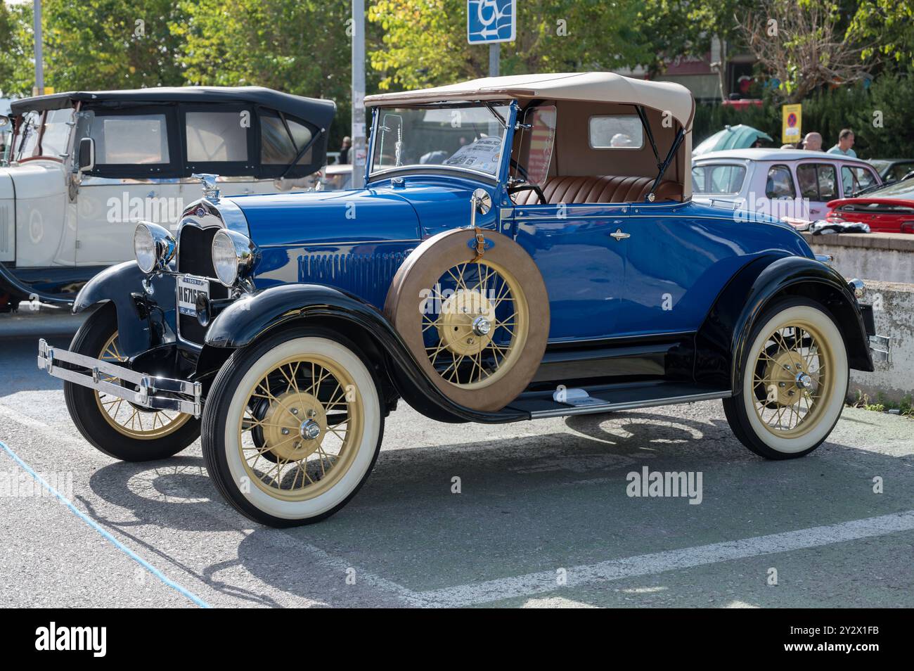 Front view of the historic blue and black Ford Model A 2-door two ...