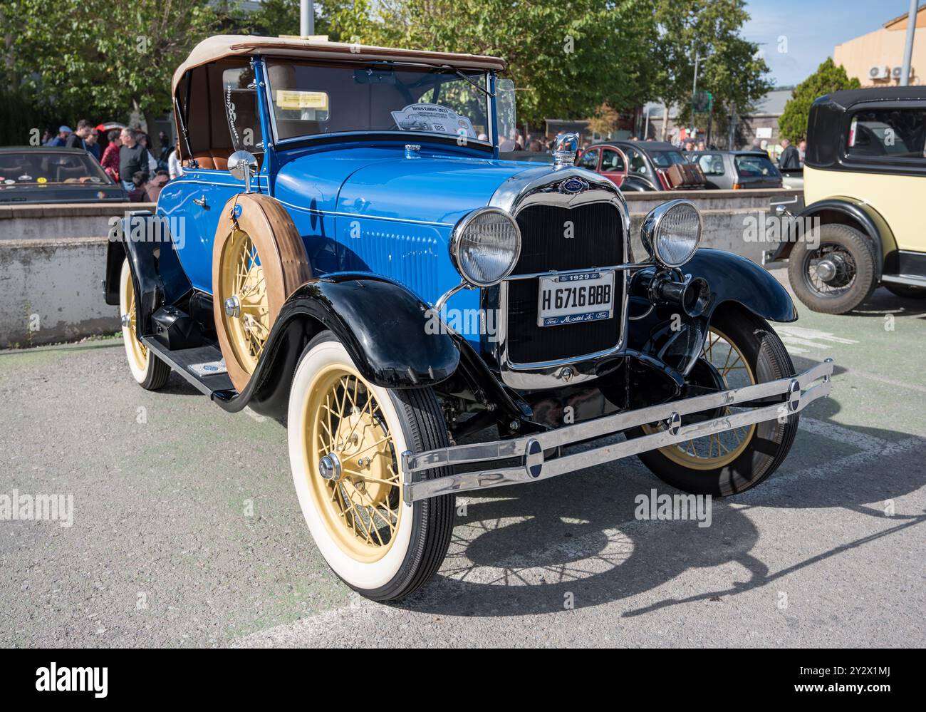 Front view of the historic blue and black Ford Model A 2-door two ...