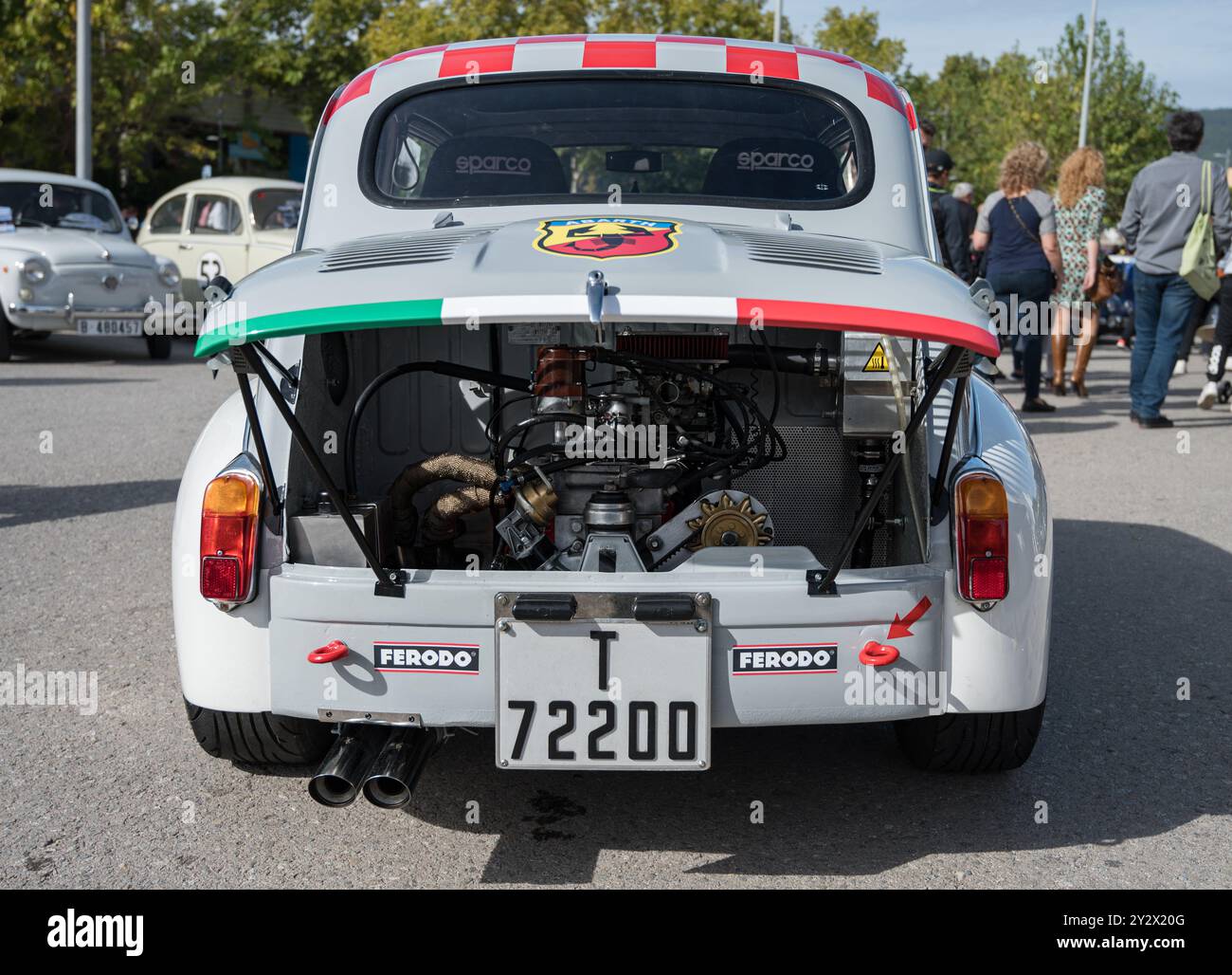 Rear view of the engine of the classic small sports car Fiat Abarth ...