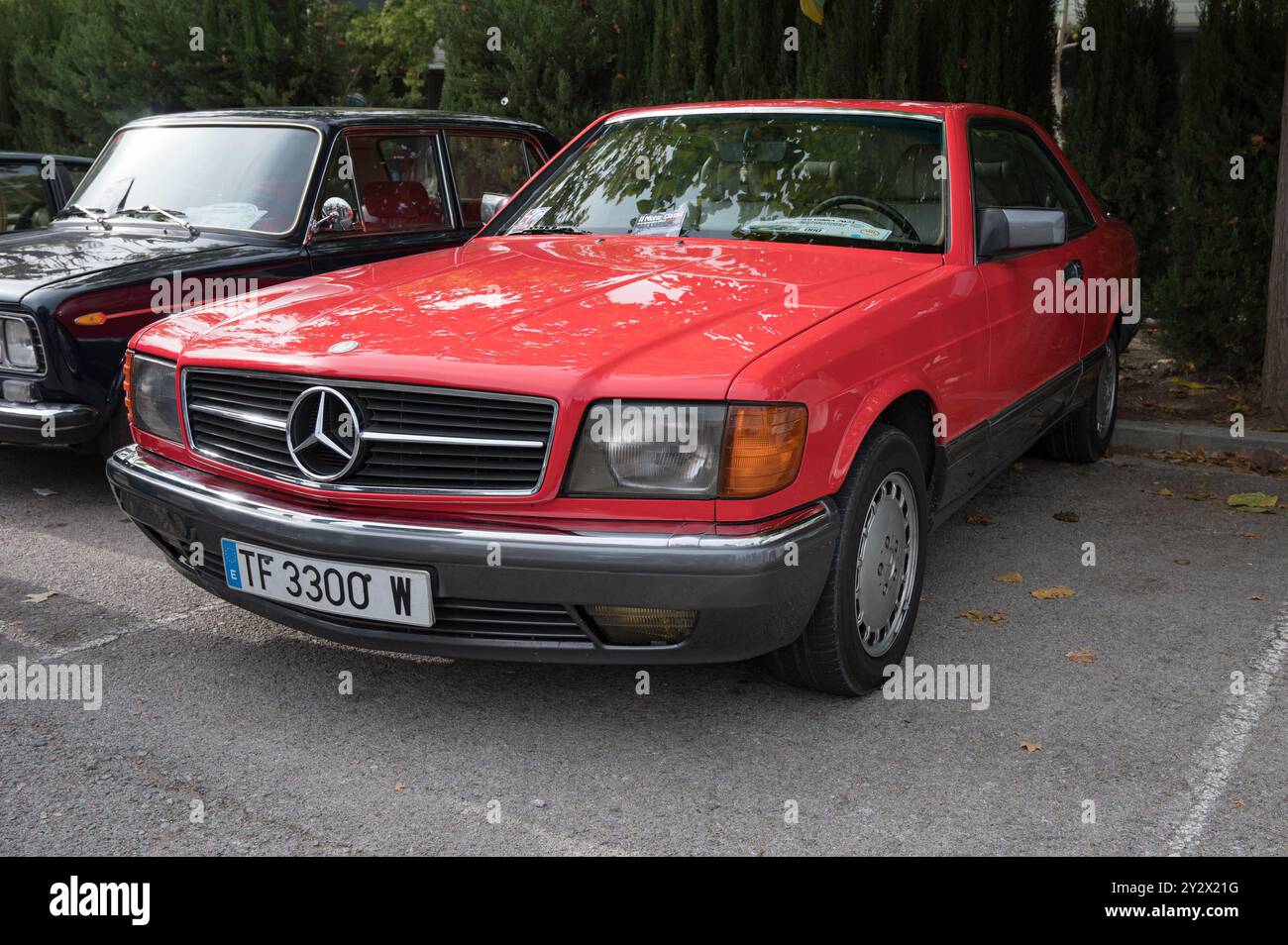 Front view of an old red German sports car, the Mercedes Benz S Class ...