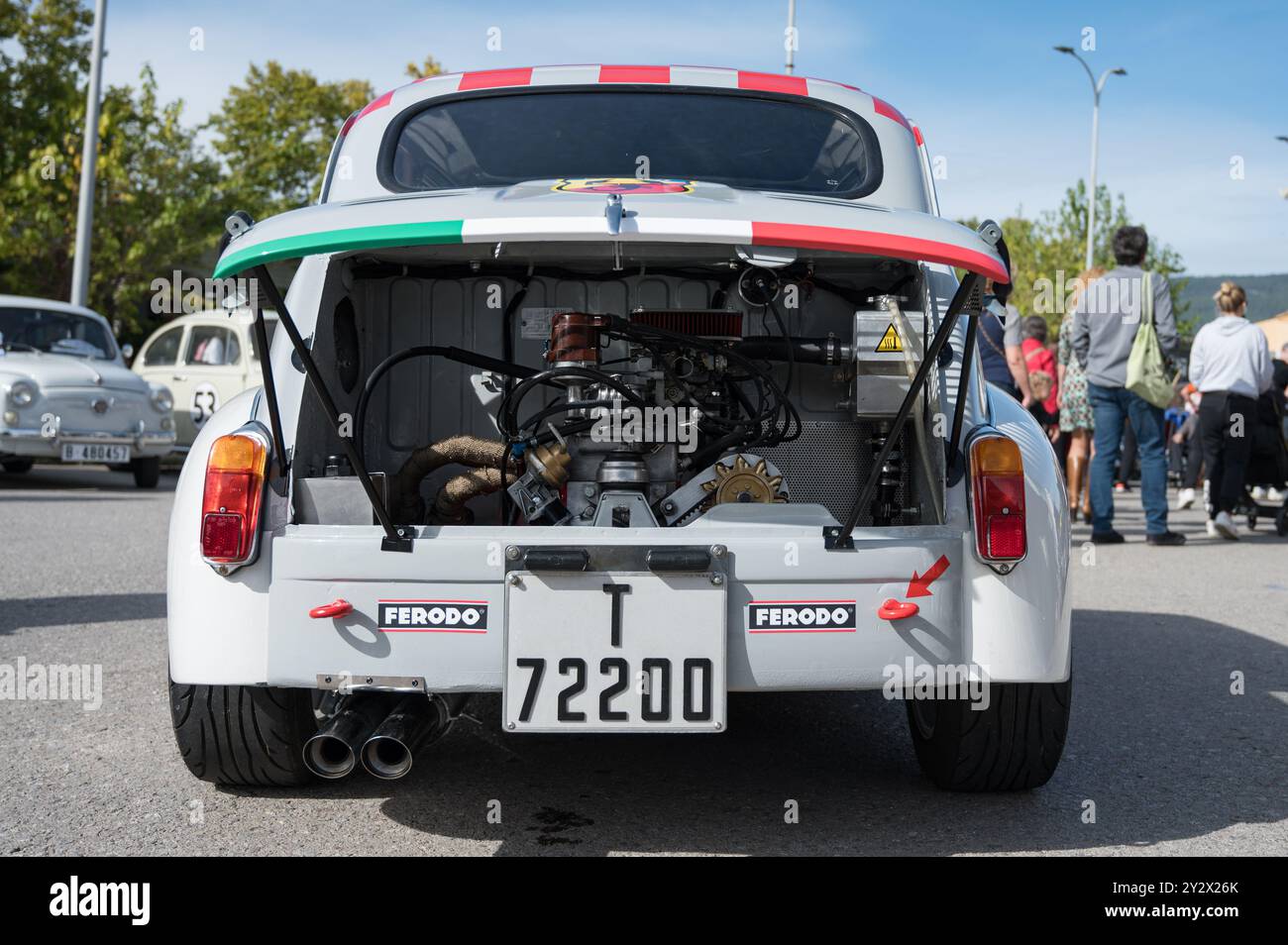 Rear view of the engine of the classic small sports car Fiat Abarth ...