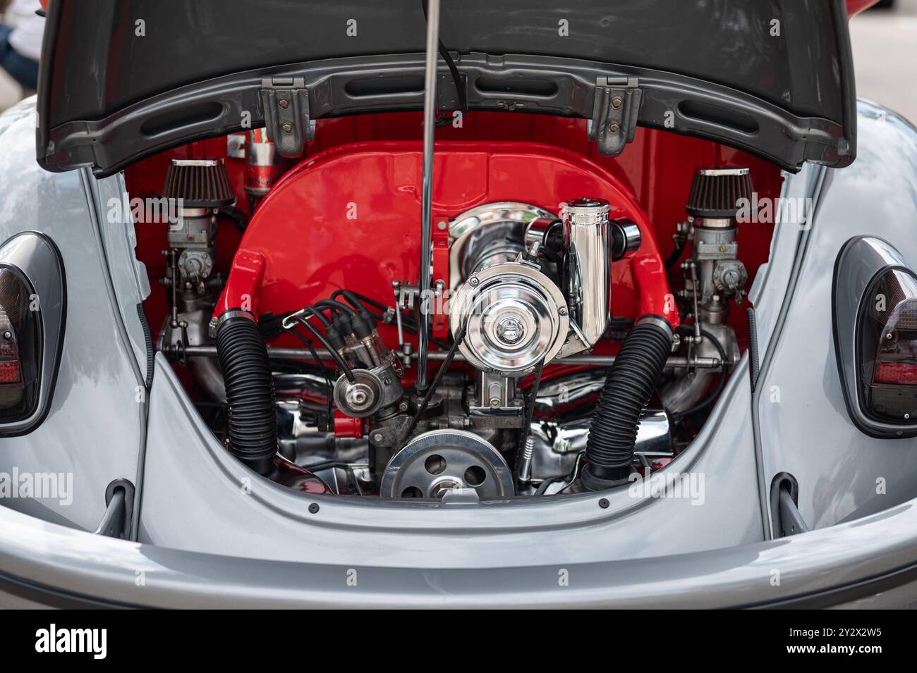 Detail of the air-cooled 4-cylinder boxer engine of a restored classic ...