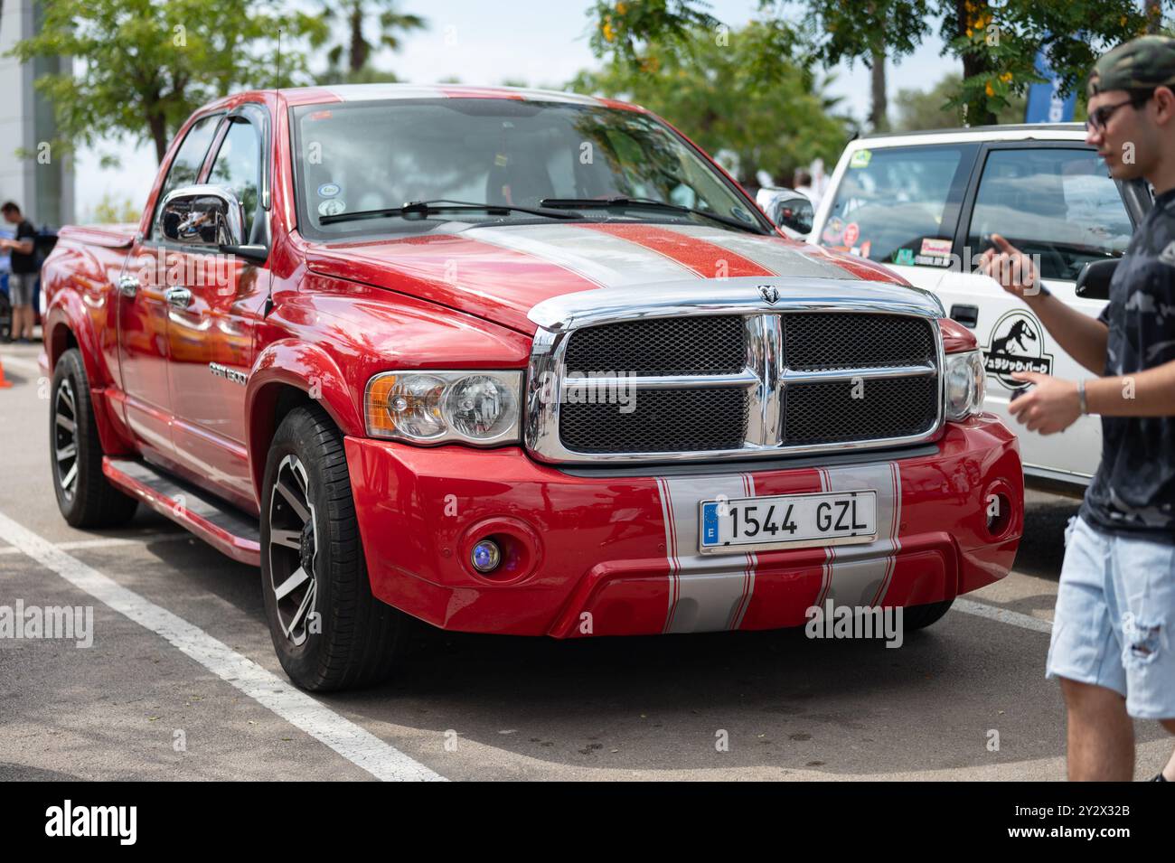 Detail of a spectacular red American Dodge Ram 1500 pickup truck at a ...