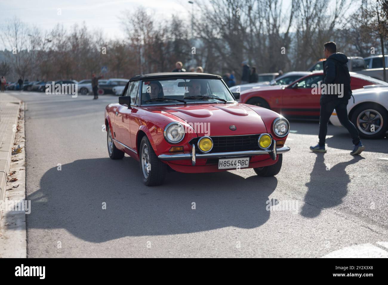 Front view of a classic Italian and Spanish sports car, the red Fiat ...