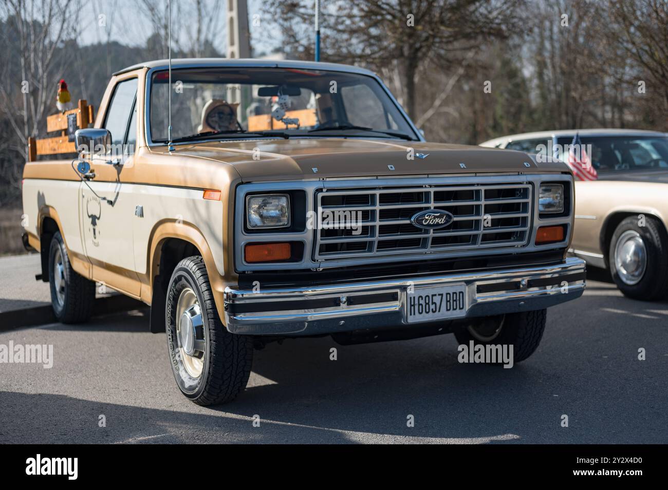 Front view of a classic brown and white 1980 seventh generation Ford F ...